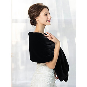 GORAIS Women's Wedding Faux Fur Shawls and Wraps Long Bridal Fur Scarf Stoles with Brooch for Bride and Bridesmaids (Black)