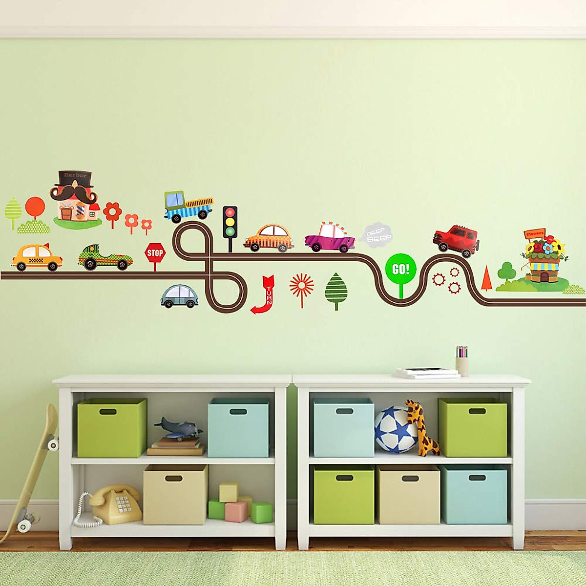 OOTSR Wall Decals, Car Track Wall Sticker Decor for Boys Girls Bedroom, Nursery Room, Home, Living Room Decor