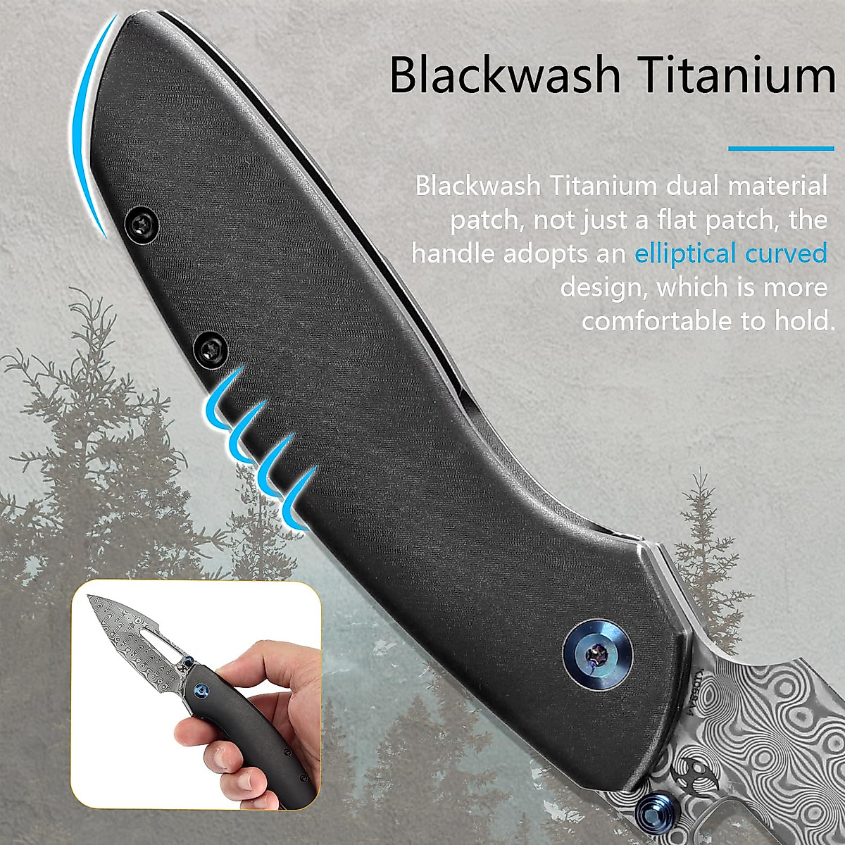 KANSEPT Link Pocket Folding Knives for Men EDC Camping Hiking Folding Knife for Men Women 3'' Damascus Blade Material Pocke Knife with Blackwash Titanium Handle Everyday Carry K1068A4