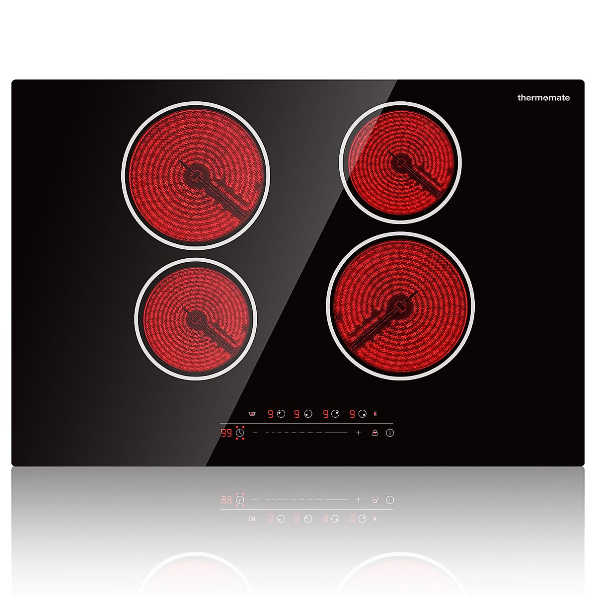 ThermoMate 30 Inch Electric Cooktop 4 Burners, ETL Certified Built-in Radiant Electric Stove Top, 30" Ceramic Cooktop 6000W with Touch Control, 9 Heating Level, Chlid Lock & Timer, 220-240V Hard Wire