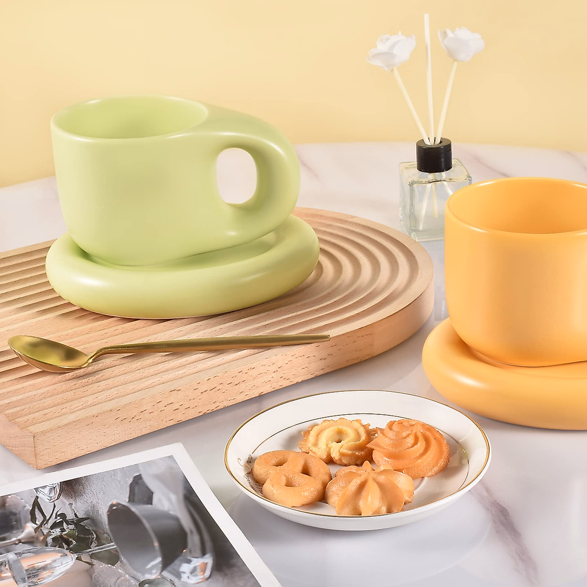 Koythin Ceramic Coffee Chubby Mug Saucer Set, Creative Cute Fat Handle Cup with Saucer for Office and Home, Dishwasher and Microwave Safe, 10 oz for Latte Tea Milk (Green)