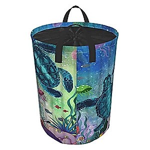 Round Storage Basket with Handles,Sea Turtle Ocean Creature Landscape Underwater Fish Seaweed Jellyfish Coral,Waterproof Coating Organizer Bin Laundry Hamper for Nursery Clothes Toys 21.5"x 16.5"
