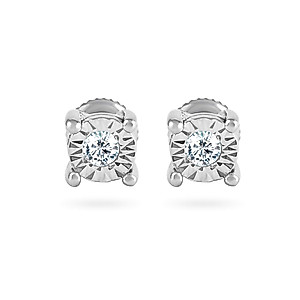 14k White Gold Diamond Miracle Plate Stud Earrings for Women (0.05 cttw, Color- IJ, Clarity I2/I3) 4-Prong Basket Set, Screw-Back Clasps Diamond Stud Earrings