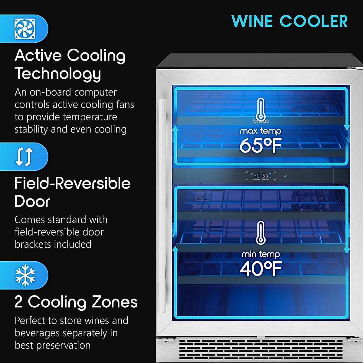 Zephyr Brisas 24 Inch Wine Fridge Dual Zone Under Counter - Low Noise Countertop Wine Cooler Cellars Cabinet Home Bar Freestanding Wine Refrigerator with Glass Door and Temp Control, 46 Bottles