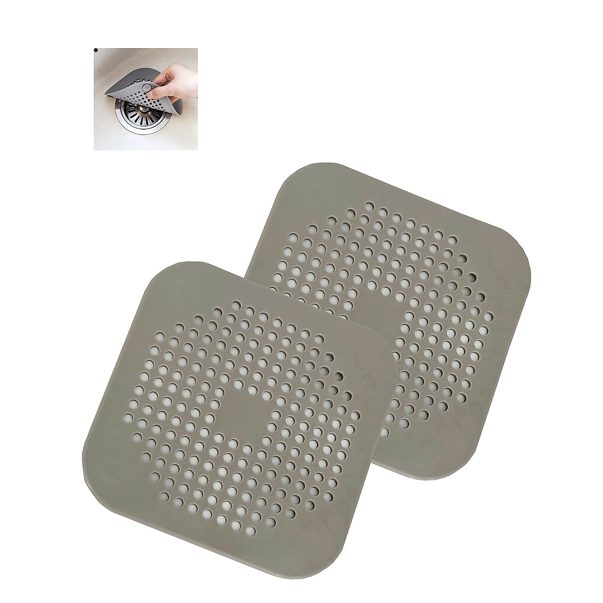 2 Pack Shower Drain Hair Catcher-Square 5.7 Inch Flat Durable Silicone Drain Hair Catcher, Shower Drain Hair Catcher with Suction Cups Easy to Install Bathroom,Bathtub,Kitchen (Gray)