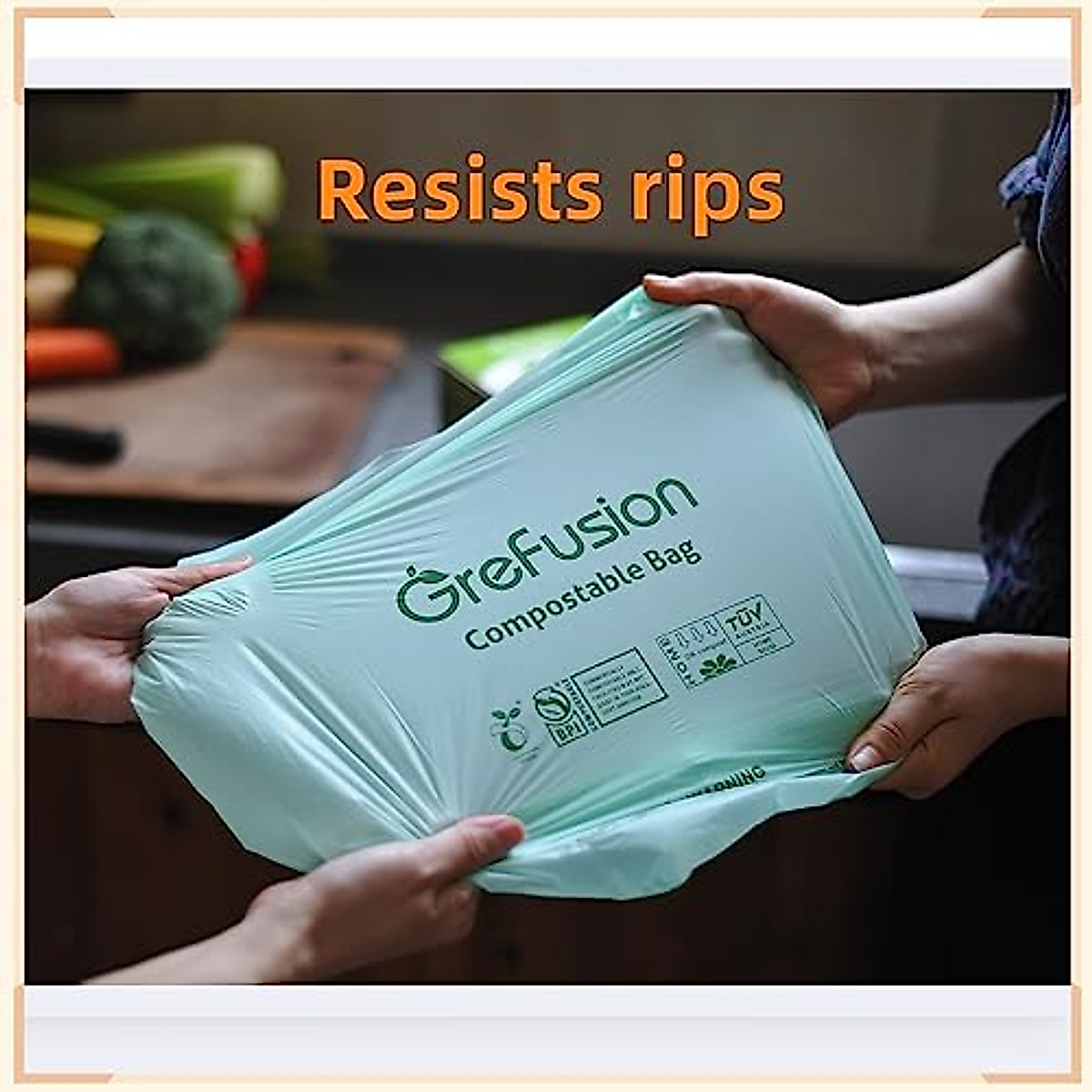 GreFusion Compostable Trash Bags with handle-tie,Garbage Bags, 2.6 Gallon,Thick 0.91 mils，Food Waste Bags,Small trash bags for compost bin kitchen,Certified by BPI and OK Compost (2.6G-50count)