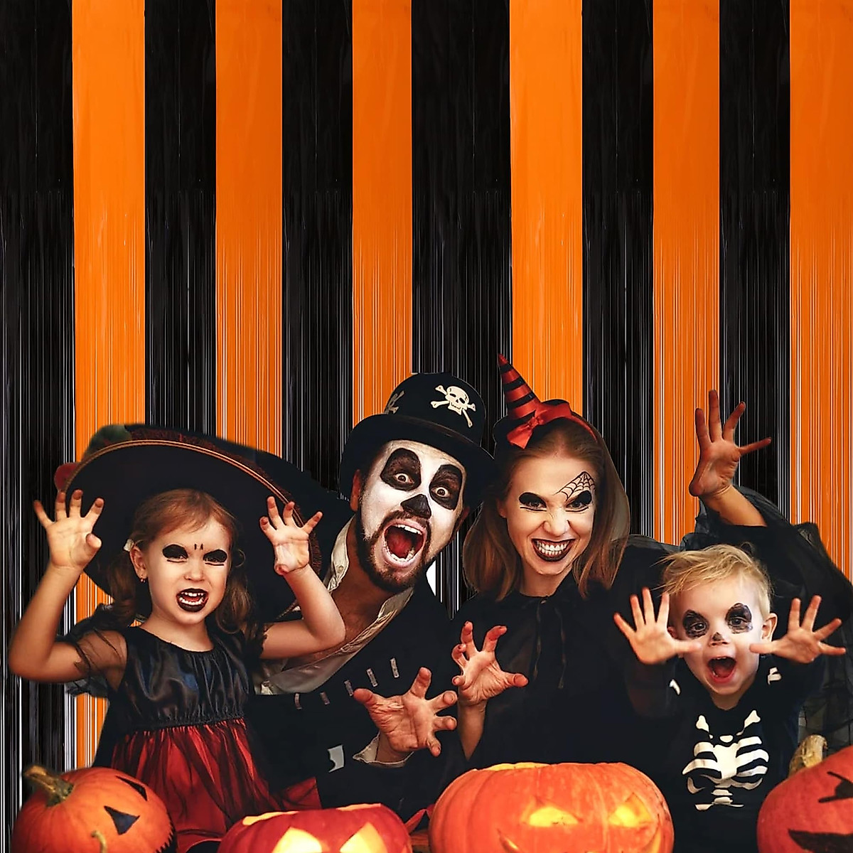 Dazzle Bright 4 Pack Backdrop Curtain, 3FT x 8FT Metallic Tinsel Foil Fringe Curtains Photo Booth Background for Baby Shower Birthday Wedding Halloween Party Decorations (Orange and Black)