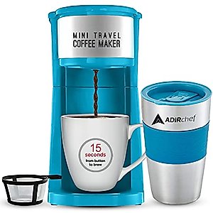 AdirChef Mini Coffee Maker - Single Serve Coffee Maker, 15 oz. Travel Coffee Mug Coffee Tumbler & Reusable Coffee Filters - Ideal for Home, Office, Outdoor & More - Blue