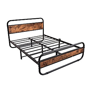 Albearing Queen Size Bed Frame with Wooden Headboard and Footboard, Heavy Duty Oval-Shaped Platform Bed with Under-Bed Storage, Steel Slats Mattress Foundation Round Pipe Design，Brown