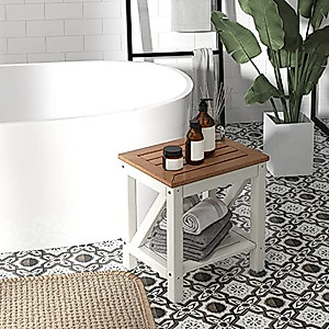 Giantex Shower Bench Waterproof HDPE - Shower Stool with Storage Shelf, Slatted Seat, Non-Slip Foot Pads, 2-Tier Plastic Spa Bath Step Shower Seat Footrest for Bathroom Indoor Outdoor (White & Brown)