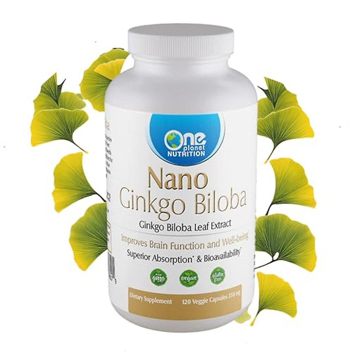 One Planet Nutrition Nano Ginkgo biloba 250 mg Veggie Capsules (120 Servings), Ginkgo biloba Extract, Nano for Higher Absorption, Improves Cognitive Function & Circulation, Non-GMO, Vegan, Gluten Free
