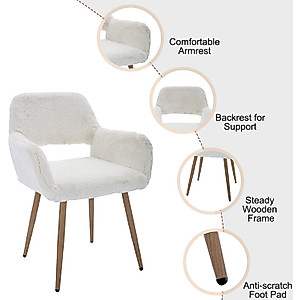 Modern Faux Fur Home Office Chair, Fluffy Chair Makeup Vanity Chair for Girl Teen Girls, Desk Chair with Armrest, Dining Chair Cute Armchair with Wood Finish Metal Legs, White