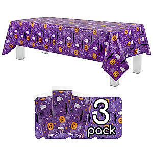 Grandipity Halloween Tablecloth Rectangle (3 Pk) Pumpkin Tablecloth (54in x 108in) Purple Plastic Disposable Tablecloths