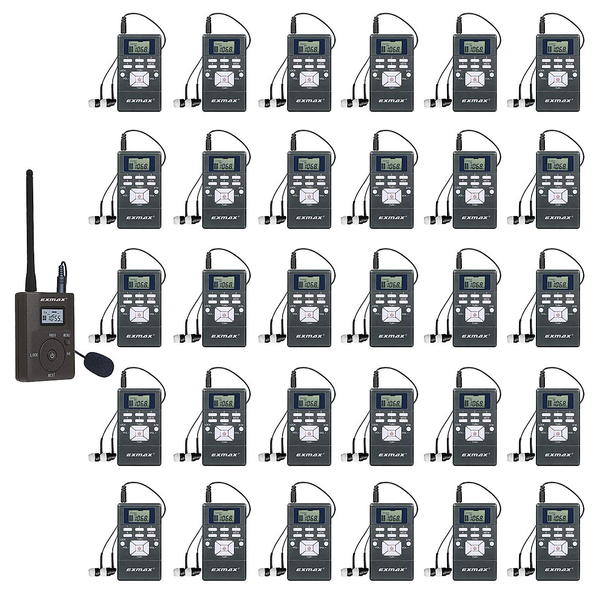 EXMAX EXG-108 Live Translator Device Wireless Microphone FM Radio Broadcast System for Social Distancing Tour Guide Teaching Meeting Training Church Parking Lot 1 Transmitter & 30 Receivers (Gray)