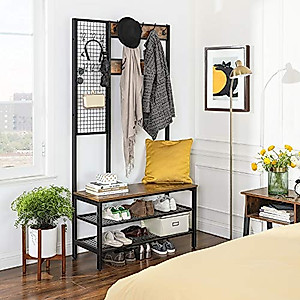 VASAGLE ALINRU Hall Tree, Coat Rack, Coat Stand with Grid Wall, Shoe Rack, 2 Mesh Shelves, 15 Hooks, 72.8-Inch Tall, Large Storage Space, Easy to Assemble, Industrial Style, Rustic Brown UHSR98BX