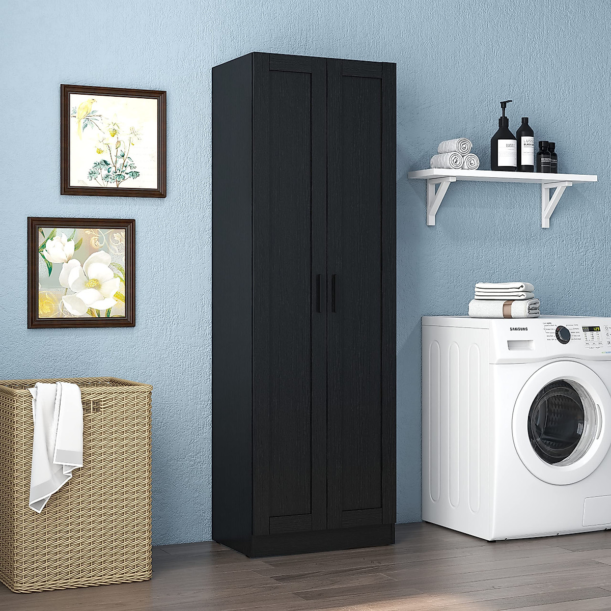 Panana Wooden Tall Storage Cabinet with 2 Doors and Shelves - Free Standing Narrow Food Pantry (Black, 45P)