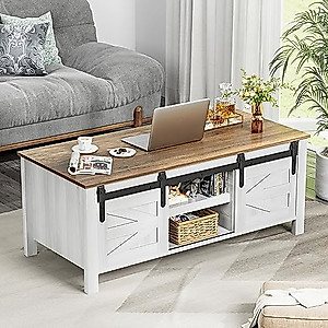 YESHOMY Coffee Table with Sliding Barn Doors & Storage, Wooden Center Rectangular Cabinet with Adjustable Shelves, for Livingroom, Bedroom, Home Office, White