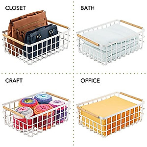 mDesign Metal Wire Storage Organizer Basket with Bamboo Wood Handles for Kitchen Pantry, Rustic Farmhouse Bin to Store Fruit, Coffee, Spices, Supplies, Yami Collection, 2 Pack, Matte White/Natural/Tan