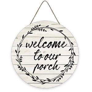 Welcome to Our Porch Front Door Round Wooden Sign Rustic Wall Door Hanging Sign Wooden Wall Hanging Decor for Home Farmhouse Front Door Outdoor Decoration 12x12 Inch