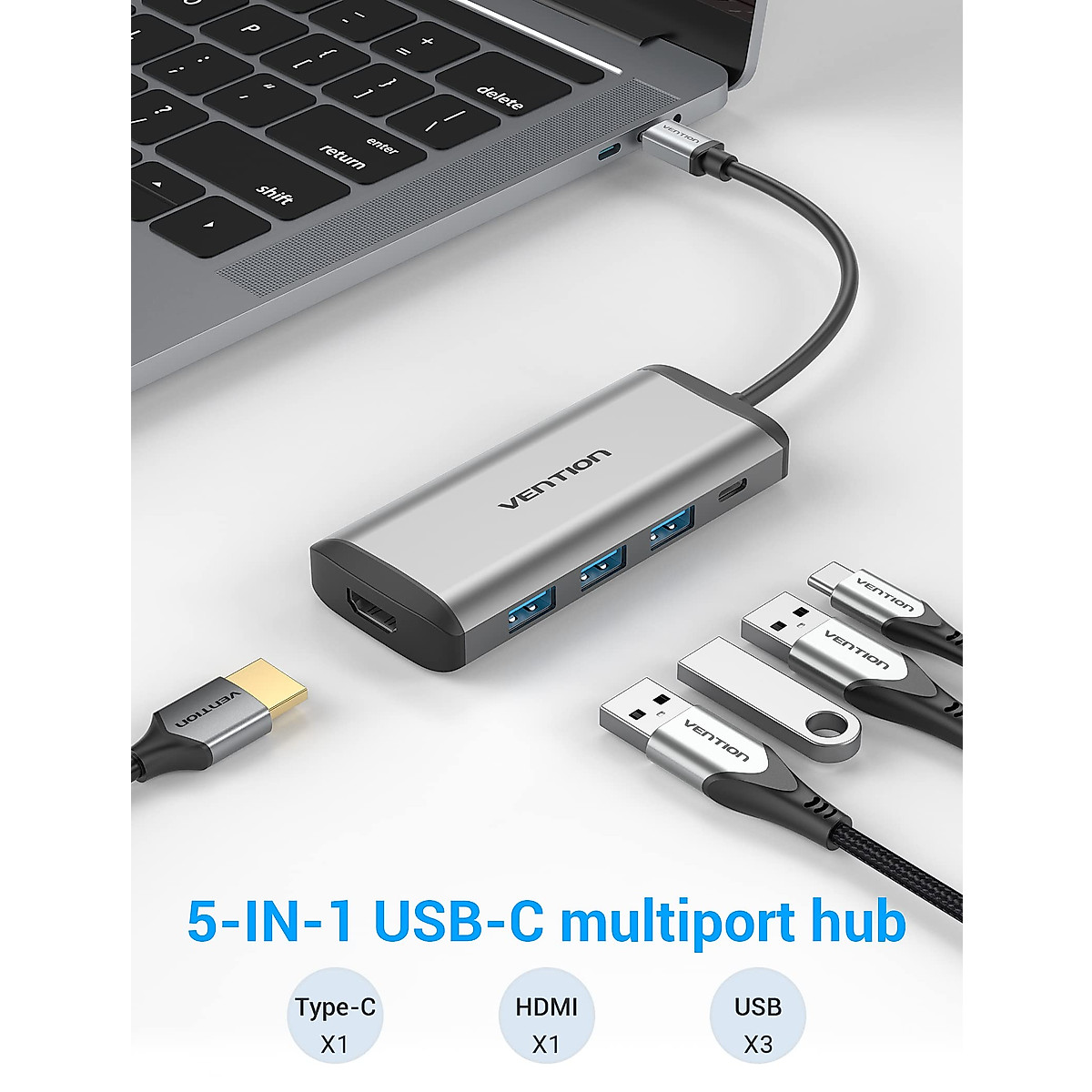 USB C HUB 4K 30Hz, VENTION USB C Multiport Adapter 5-in-1 with 4K HDMI, 100W Power Delivery, 3 USB 3.0 Data Port for MacBook Pro/Air M1 2020, iPad Pro 2021, iPad Mini 6, Surface Pro and More