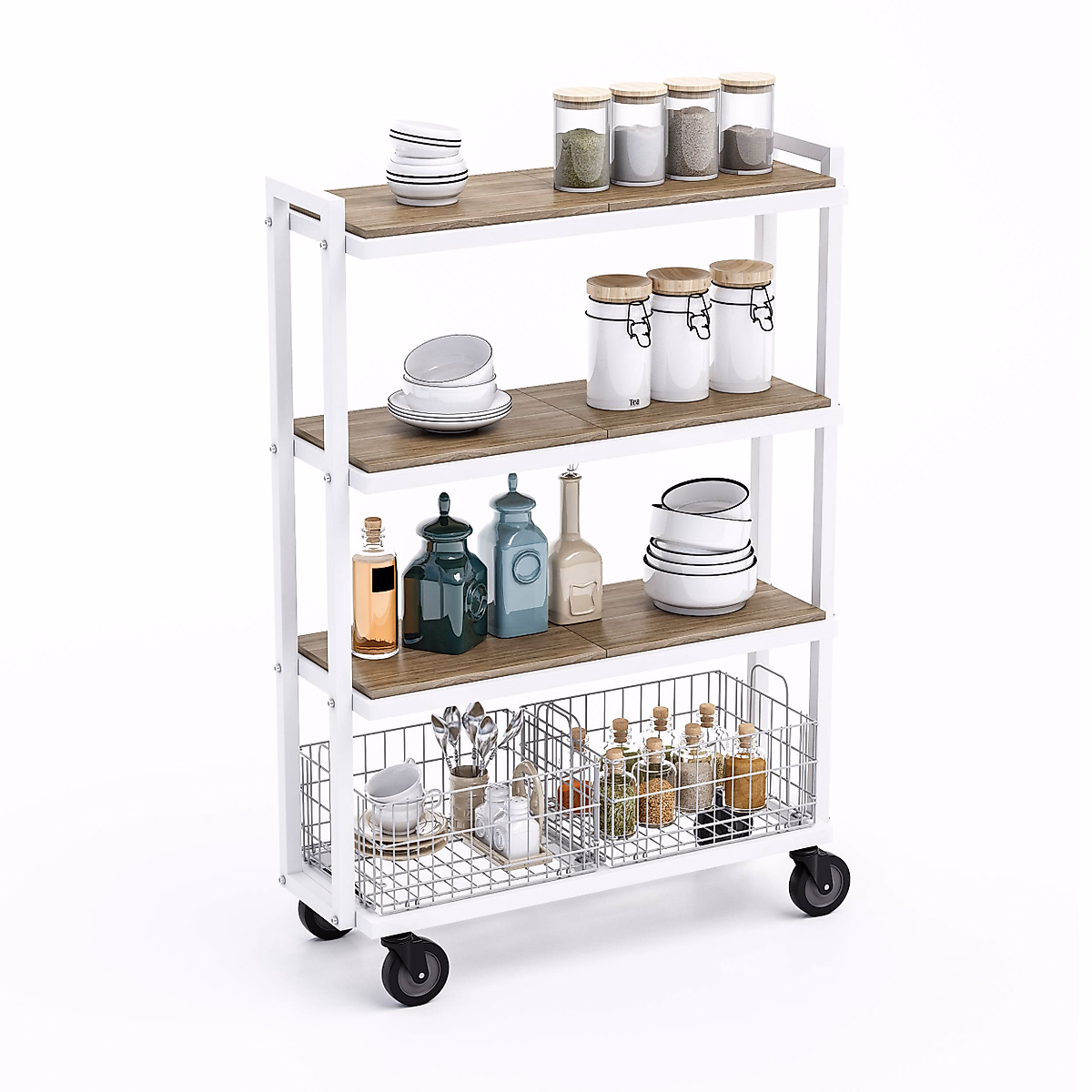 Atlantic Modular Mobile Storage Cart System, with Interchangeable Shelves & Baskets, Powder-Coated All-Steel Frame, 4-Tier, Caster Wheels for Mobility, PN 23350331, in White
