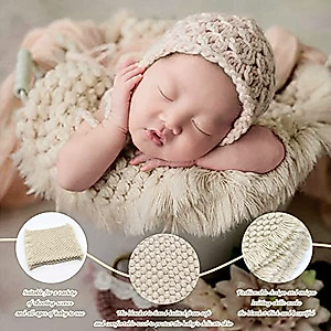 SPOKKI 3 Pcs Newborn Photography Props Outfits Set, Knitted Blanket for Baby Photo Props, Beige Elastic Wrap for Photoshoot, Flower Headband for Infant Boys Girls, Baskets Filler Posing Props