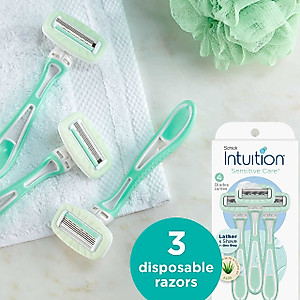 Schick Intuition Disposable Razors with Sensitive Skin, 3 Count | Razors Sensitive Skin, Women’s Disposable Razors with a Touch of Aloe, Travel Razor