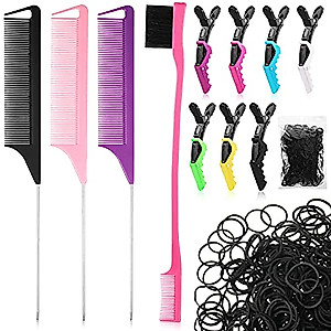 12 Pieces Rat Tail Combs Hair Clips Set,3 Rat Tail Combs 7 Alligator Hair Clips Pin Rat Tail Teasing Parting Combs and Mini Rubber Bands,Hair Styling Braiding Comb for Women Girls (Delicate Color)