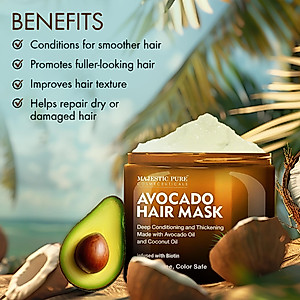 Majestic Pure Avocado and Coconut Hair Mask for Dry Damaged Hair - Infused with Biotin - Deep Conditioning, Hair Thickening, for Healthy Hydrated Hair, Sulfate Free, 16 fl oz