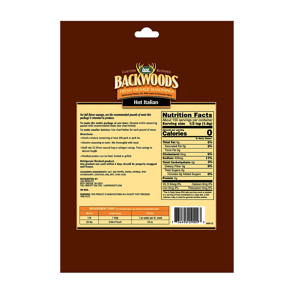 LEM Products Backwoods Hot Italian Fresh Sausage Seasoning, Ideal for Wild Game and Domestic Meat, Seasons Up to 25 Pounds of Meat, 8.3 Ounce Packet