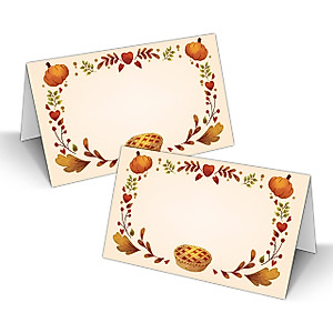 Fall Thanksgiving Table Place Cards, Orange Pumpkin Blank Seating Place Card for Table, 25 Pack Buffet Food Tent Labels, Double Design Name Cards, Thanksgiving Day Party Decorations(02)