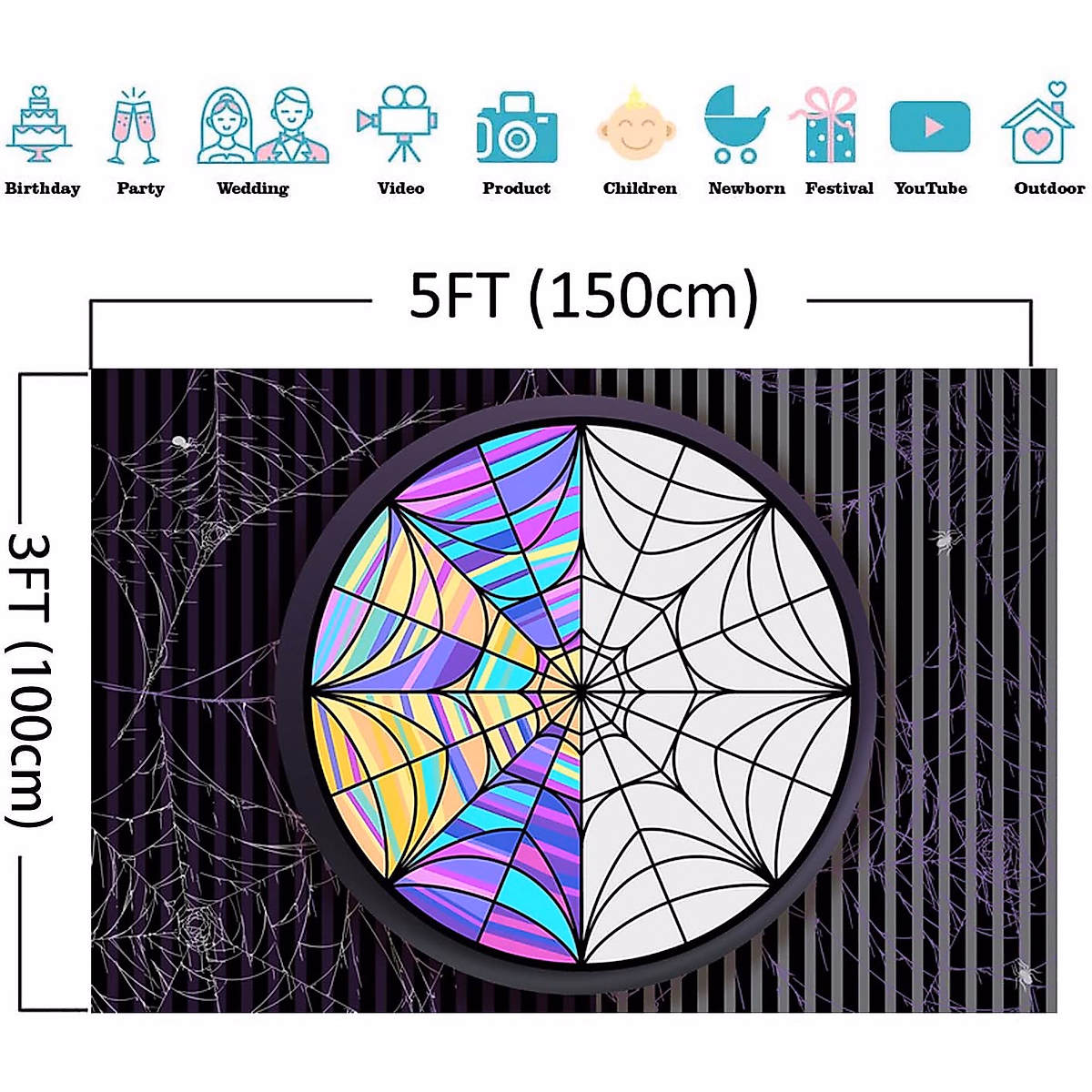 MECOLO Fabric Spider Web Window Gothic Backdrop Wednesday Horror Theme Birthday Photography Background Kids Party Decorations Black White Stripe Photo Banner Props