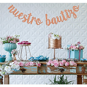 Nuestro Bautizo Banner, Spanish Baptism Party Decorations, First Holy Communion Decor, Kid's Birthday Baby Shower Party Decoration Supply Rose Gold Glitter