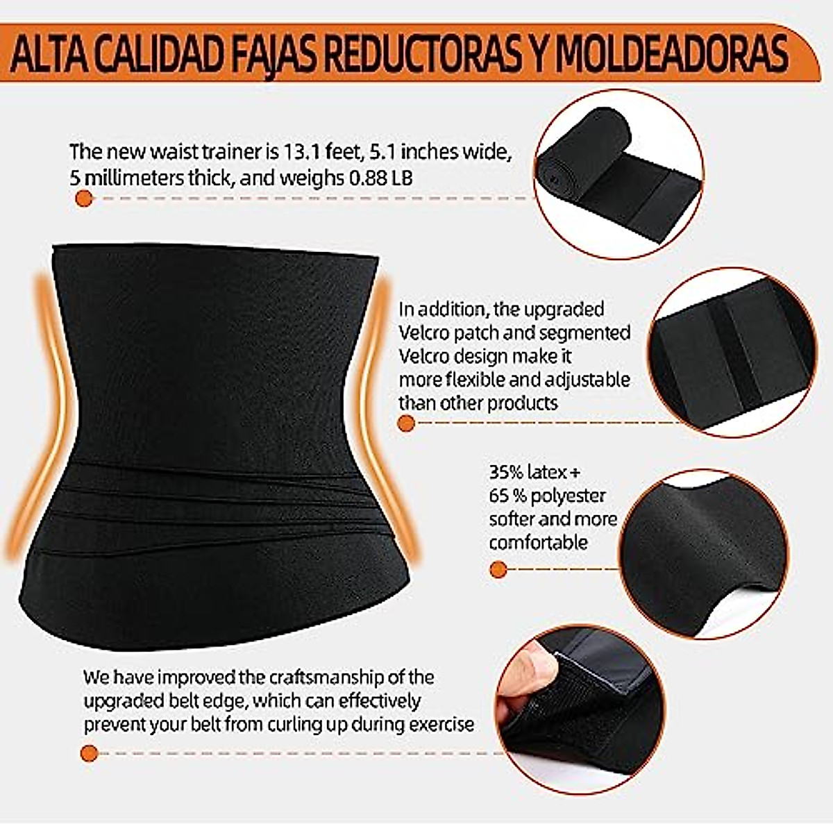 LWDUDE Upgrade Sweat Bands for Stomach Made of Natural Latex,Anti-curl Waist Trainers for Women Belly Fat .Waist Shaper for Women and Men is Suitable for Sports, Postpartum Recovery. Black