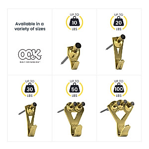 OOK 50615 Professional Picture Hangers, Art Hangers, Padded, Brass, Reusable Picture Hooks, 20lb (15 set)
