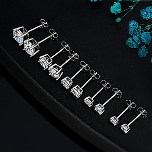 Pack of 5 Pairs 925 Sterling Silver Round Stud Earrings Set for Women and Men, 18K White Gold Plated Round Clear Cubic Zirconia Hypoallergenic Earrings 3-7mm