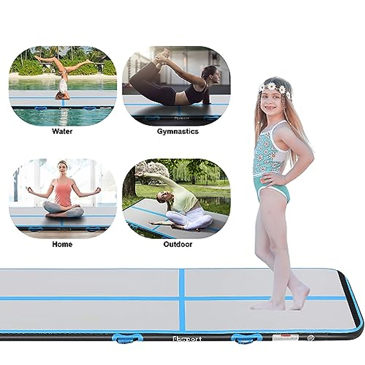 Inflatable Air Gymnastics Mat Gymnastics Track Training Mats Yoga Floor Cheerleading Landing Taekwondo Training Kungfu Exercise Mats with Electric Air Pump for Home Gymnasium Beach Park and Water Use