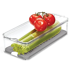 iDesign Crisp Produce Plastic Refrigerator and Modular Stacking Pantry Bin with Lid and Removable Inner Basket, Perfect for Washing Vegetables, Fruit, Lettuce, BPA Free 15.72" x 6.32" x 3.76"