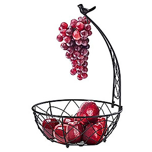 Buruis Fruit Basket Bowl with Banana Hanger, Modern Bird Design Fruit Container, Creative Tabletop Fruit Basket for Kitchen Countertop Dining Room, Decorative Display Stand (Black)
