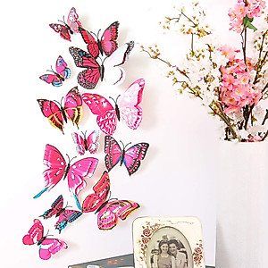 JYPHM 24PCS 3D Butterfly Wall Decal Double Wings Removable Refrigerator Magnets Stickers Decor for Kids Room Decoration Home and Bedroom Art Mural Red
