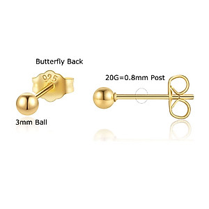 Tiny 3mm Ball Stud Earrings for Women,Dainty Mini Ball Earrings for Cartilage Helix Earlobe Piercing 316L Surgical Stainess Steel Hypoallergenic (3mm Ball, Gold)