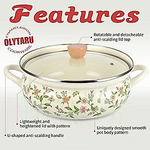 Enamel Stock Pot with Lid, Floral Retro Cooking Pot for Stove Non Stick Soup Pot, Induction Pasta Pot, All Stove Compatible (STYLE1)