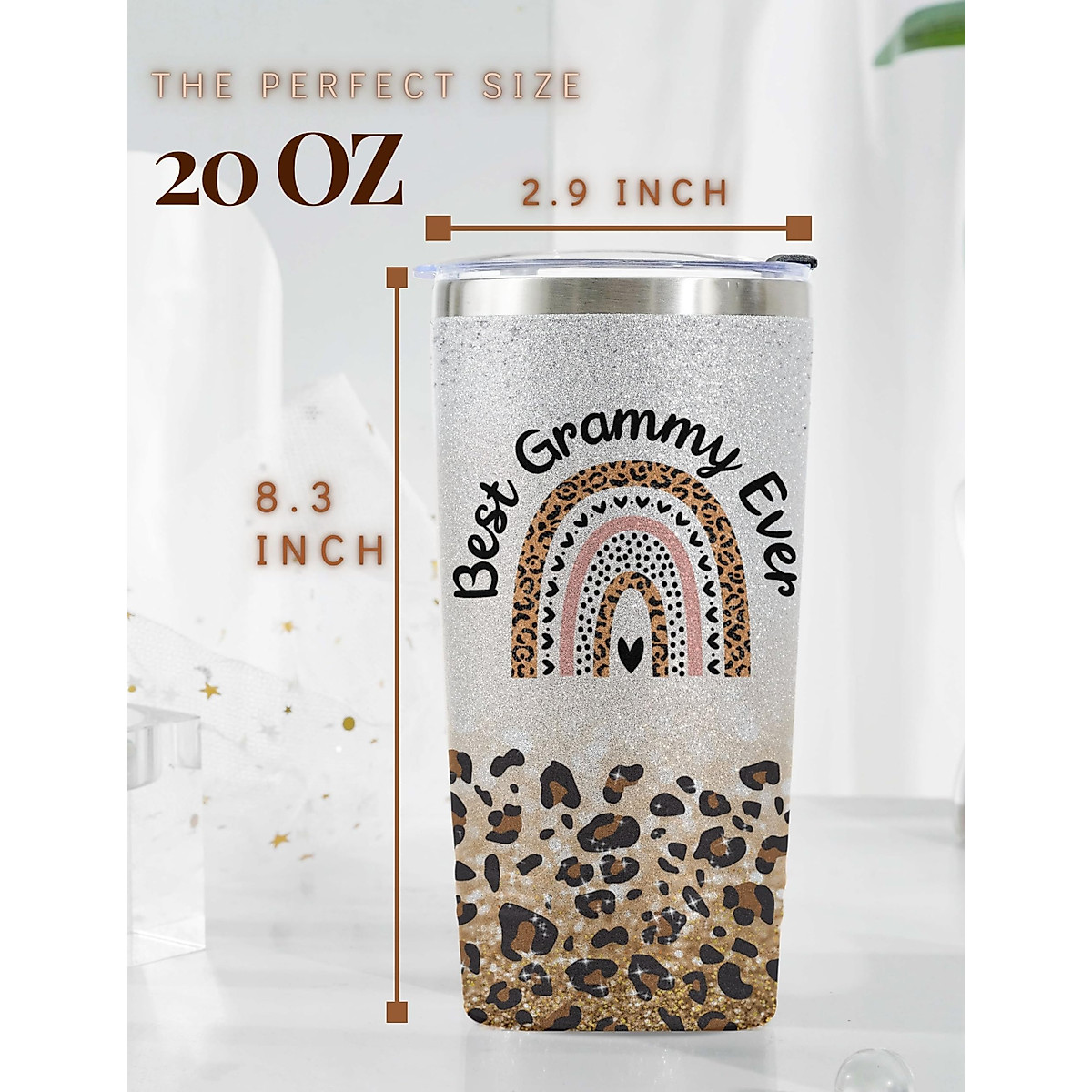 Onebttl Grammy Gifts from Granddaughter, Grandson, Insulated Stainless Steel Wine Tumbler with Lid and Straw, for Grandma on Mother's Day, Birthday, Christmas, Best Grammy Ever, Glitter Silver, 20 oz