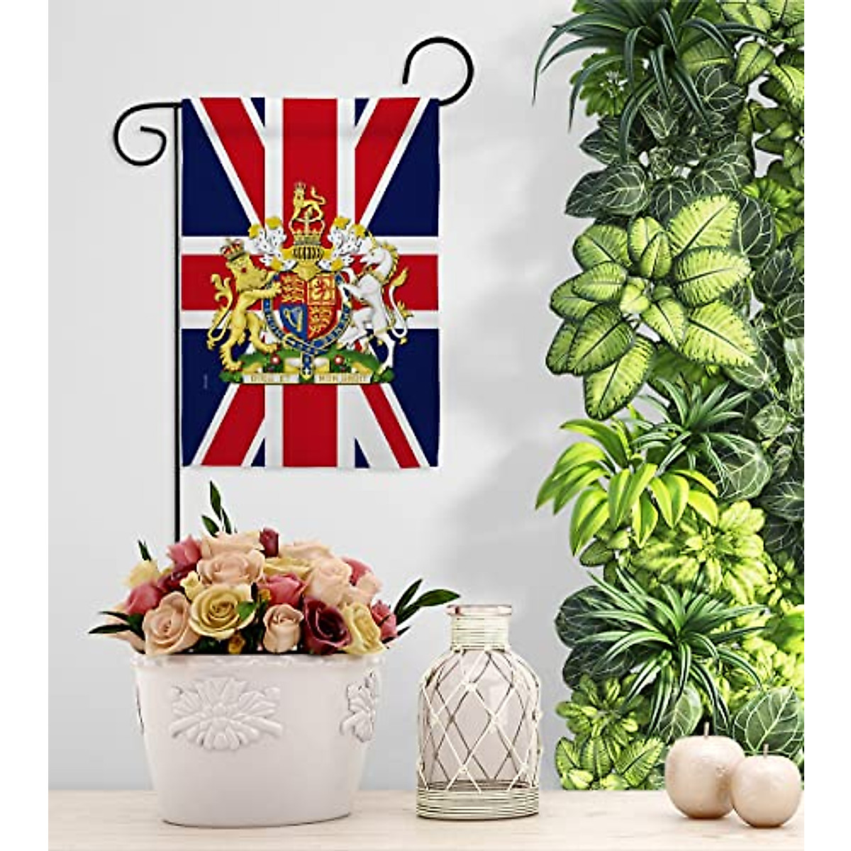 Queen Elizabeth II Flag Coat of Arms United Kingdom Garden Flag - Set Wood Dowel Sweet Life Sympathy Remembrance Bereavement Emotion Postive - House Banner Small Yard Gift Double-Sided 13 X 18.5