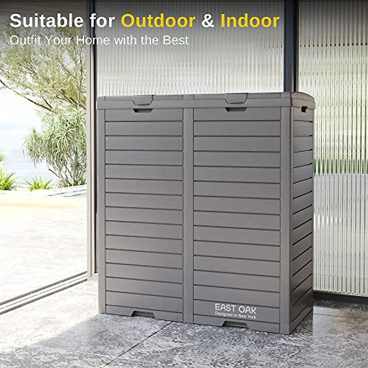 EAST OAK 76 Gallon Outdoor Trash Can | Waterproof Resin Garbage Can with Tiered Lid & Drip Tray | Outside Trash Bin for Patio | Kitchen, Backyard & Deck | Gray Color