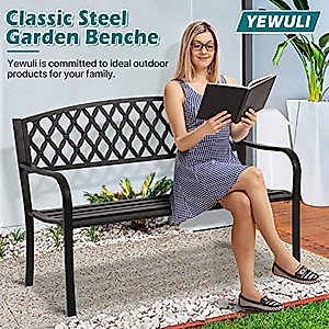 Yewuli 50" Metal Bench Outdoor Garden Benches Porch Patio Bench Weatherproof, Modern Park Benches for Outside Patio Furniture Loveseats Decor Cast Iron Frame, Black