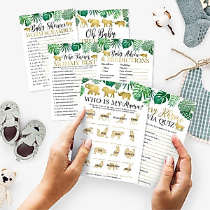 25 Safari Animal Matching, 25 Nursery Rhyme Game, 25 Word Scramble For Baby Shower, 25 True Or False Game, 25 Who Knows Mommy Best, 25 Baby Prediction And Advice Cards - 6 Double Sided Cards