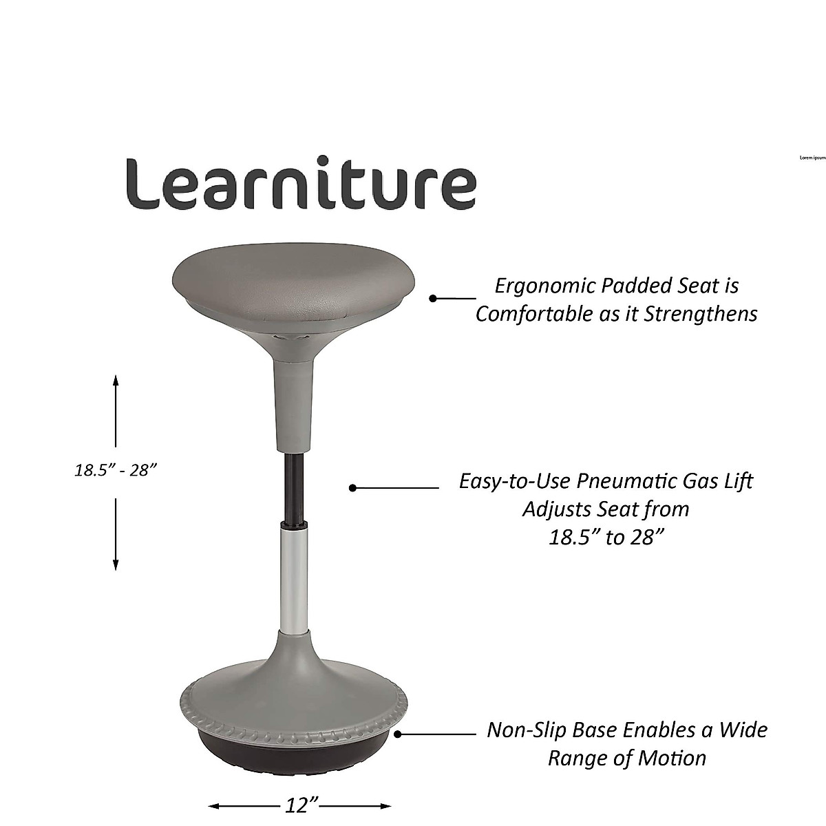 Learniture Adjustable Height Active Learning Stool for Office Desks and Classrooms, Foam-Padded Backless Wobble Stool with Rocking Motion, Gray