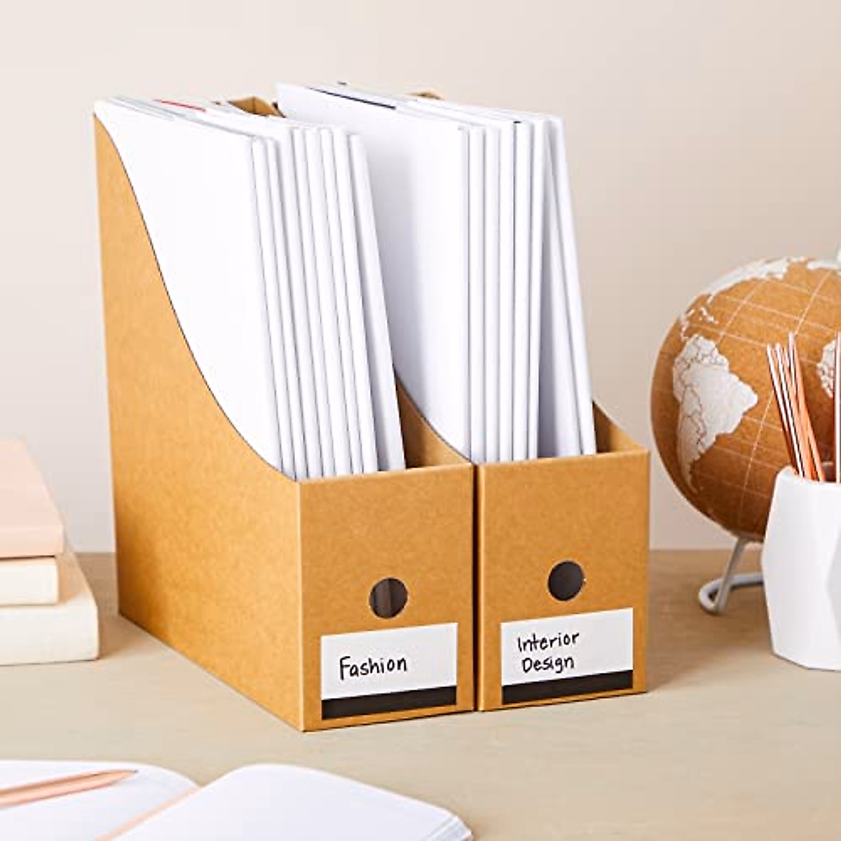 Juvale 8 Pack Kraft Paper Material Cardboard Magazine Holder with Labels for Bookshelf, Desktop File Organizer for Documents (3.5 x 10.2 x 10.6 In)
