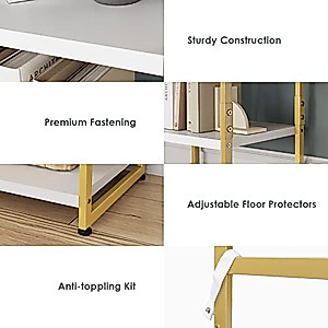 finetones 5 Tier Corner Shelf, Narrow Bookshelf Gold with Metal Frame, Modern Display Storage Organizer for Bedroom Living Room Home Office, White and Gold